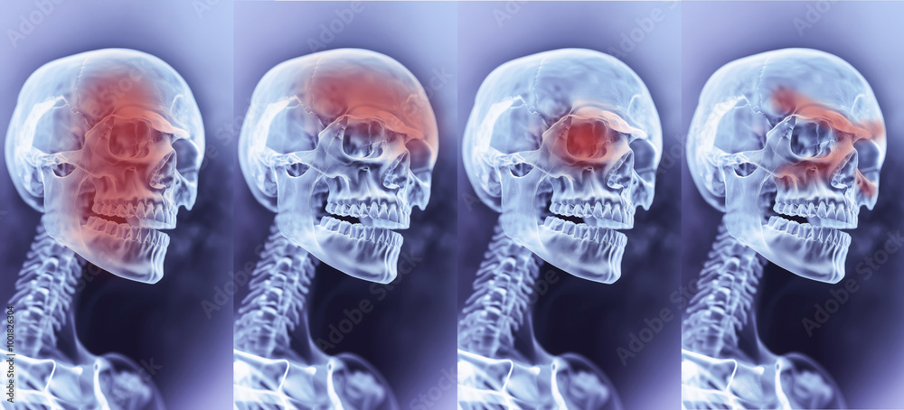 Different Types Of Headache, Migraine. Skull, Skeleton With Red Mark Of ...