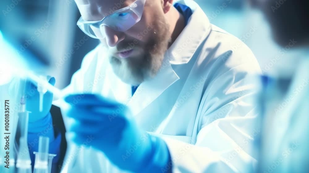 Two scientists in lab coats and safety glasses are carefully working ... Two scientists in lab coats and safety glasses are carefully working ...