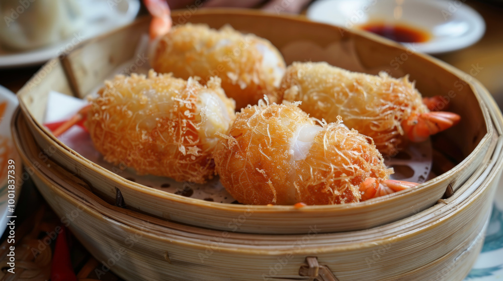 Crispy deep fried crab claws wrapped in shrimp paste, served in bamboo ...
