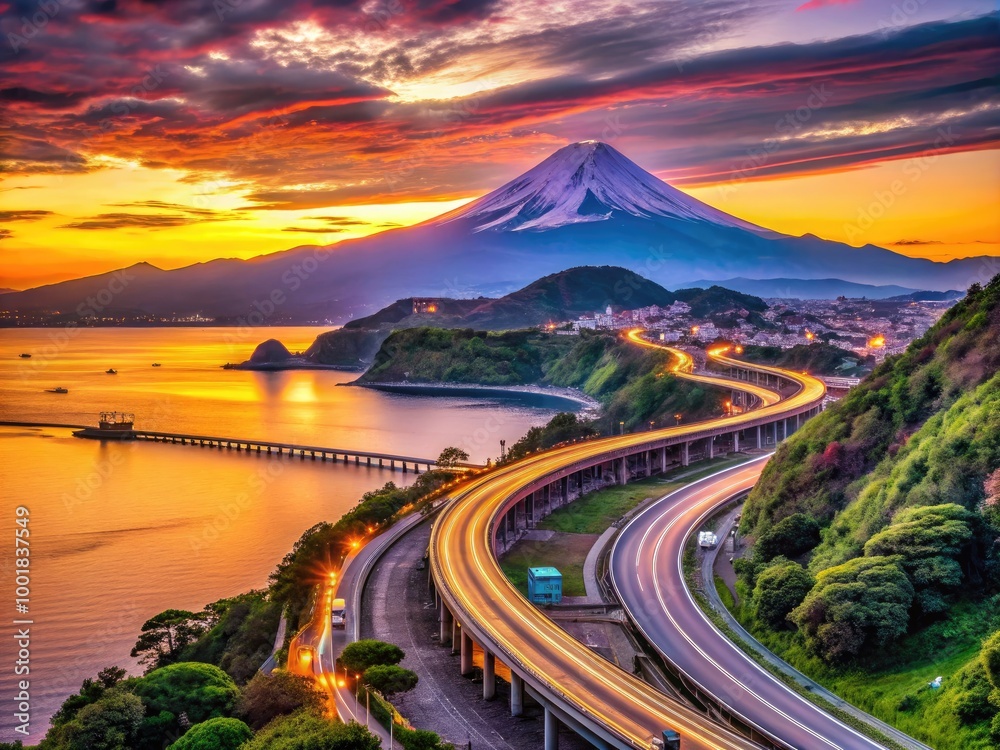 Scenic view of Tomai Expressway and Suruga Bay with Mount Fuji in ...