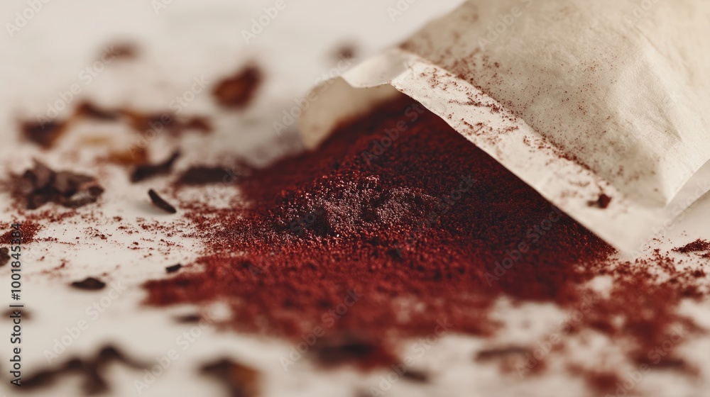 raw, , The torn a square white tea bag , inside of the tea bag is red ...