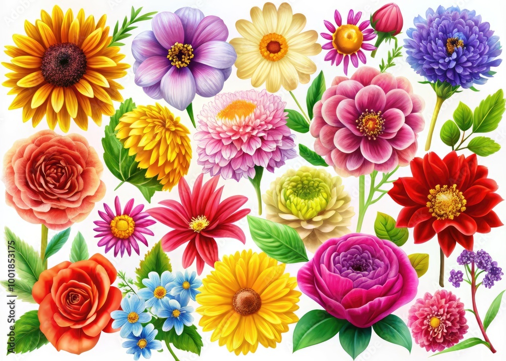 Vibrant Clip Art Illustrations of Various Flowers in Different Styles ...