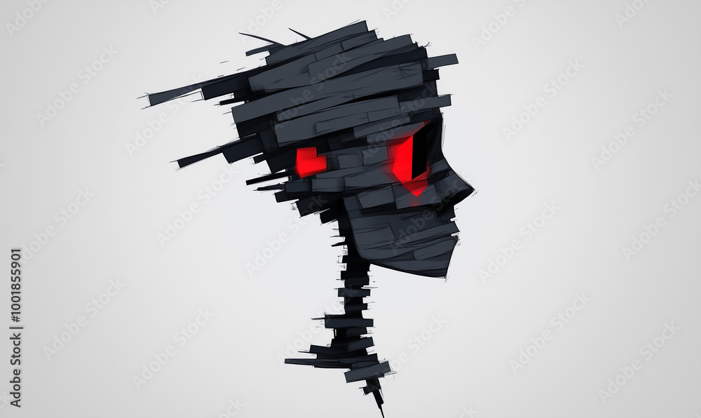 Abstract robotic face with red glowing eyes, fragmented digital art ... Abstract robotic face with red glowing eyes, fragmented digital art ...