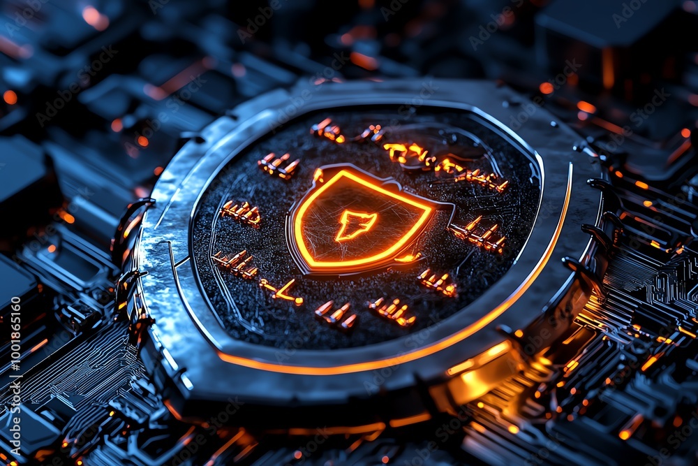 Cybersecurity represented by a glowing magic shield, with enchanted ...