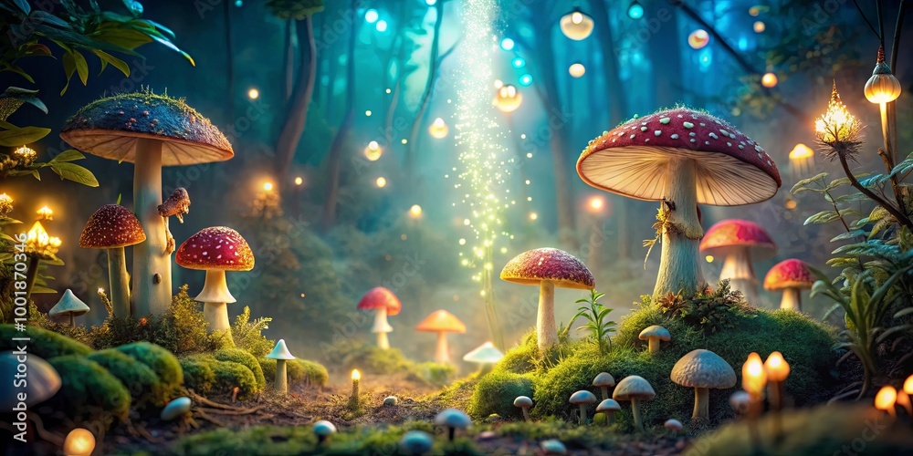 A magical forest scene with glowing mushrooms and enchanted lights in a ...