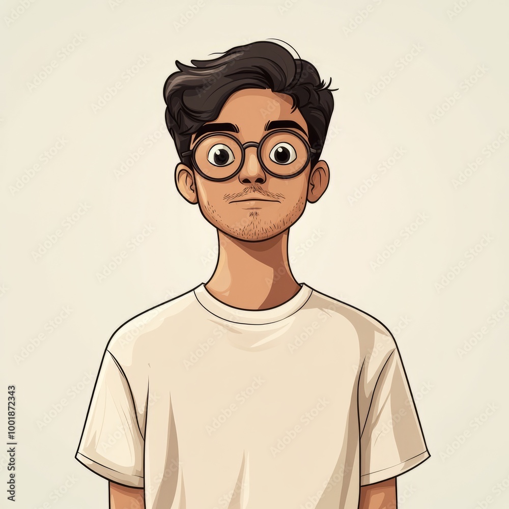 nerdy indian skinny guy with small hairs and wearing baggy cream colour ...