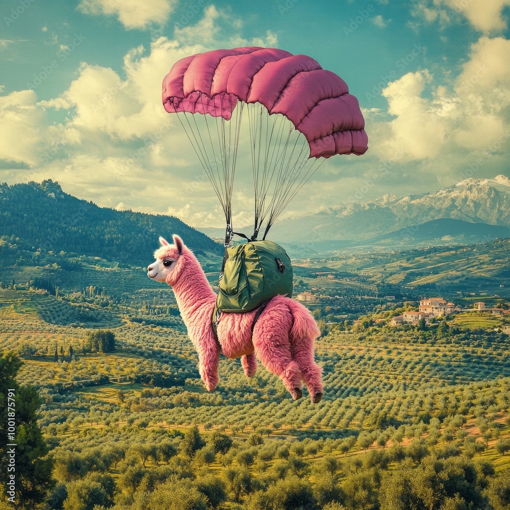 a photo picture of a pink alpaca flying on a sports parachute over ...