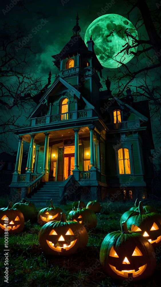 Spooky Halloween Scene with Creepy Pumpkins, Haunted Mansion, and Full ...
