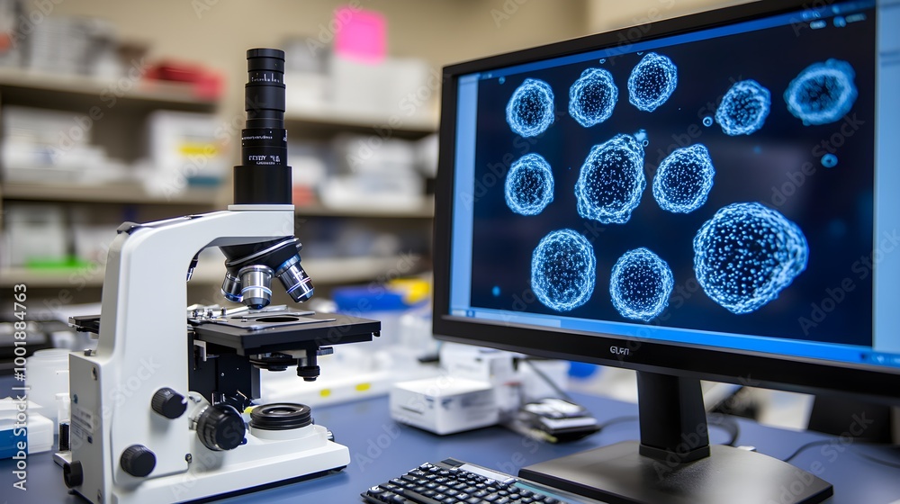A laboratory setup featuring a microscope connected to a computer ...