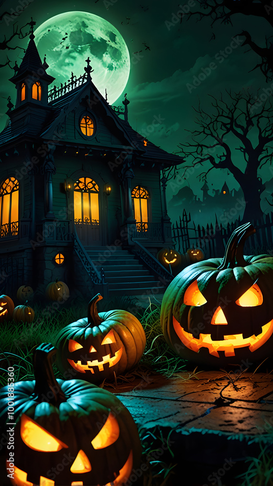 Spooky Halloween Scene with Creepy Pumpkins, Haunted Mansion, and Full ...