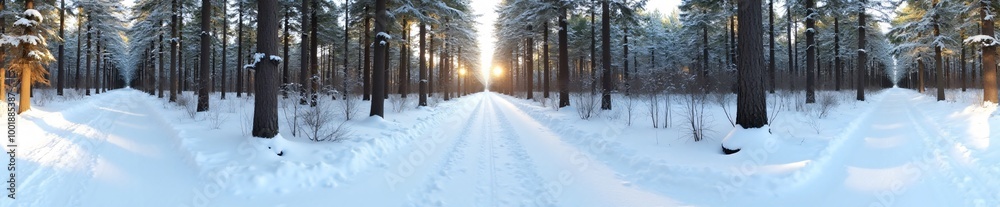 360 degree, snow covered path through forest with trees draped in snow ...