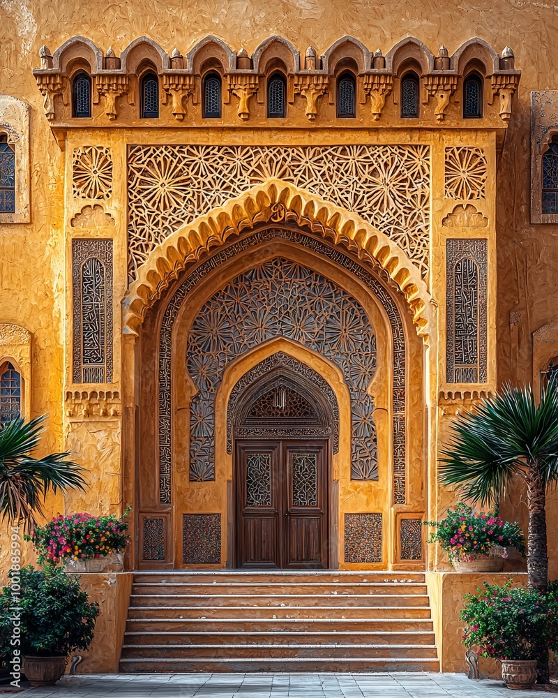 Saudi traditional architectural design featuring a carved mud-brick ...