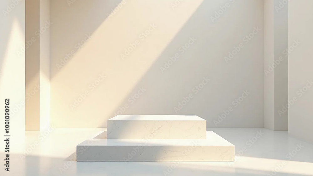 White square podiums in sunlight with shadow in white space, widescreen ...