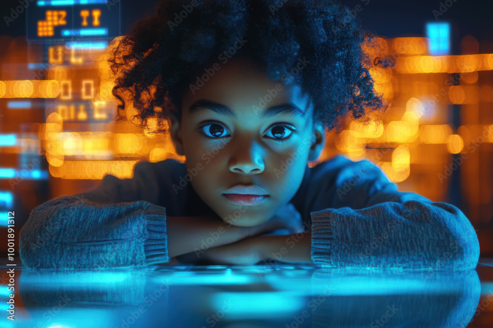 Inclusive education concept. Black school pupil studying IT at computer ...