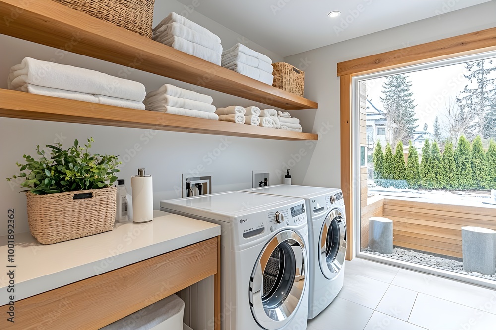 Minimalist Laundry Room with washing machine, equipment, Clean and ...