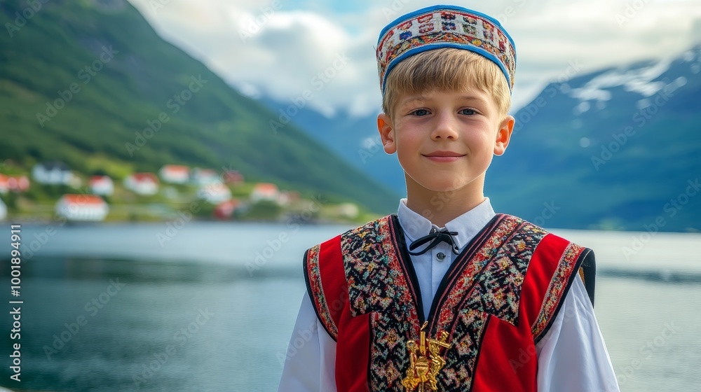 Proud Norwegian Boy Wearing Traditional Bunad Celebrating National ...