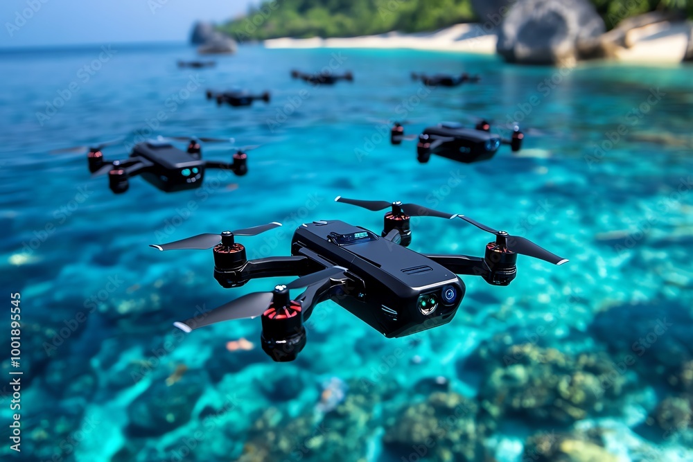 Marine drones patrolling a futuristic ocean, monitoring marine life and keeping the ecosystem in ...