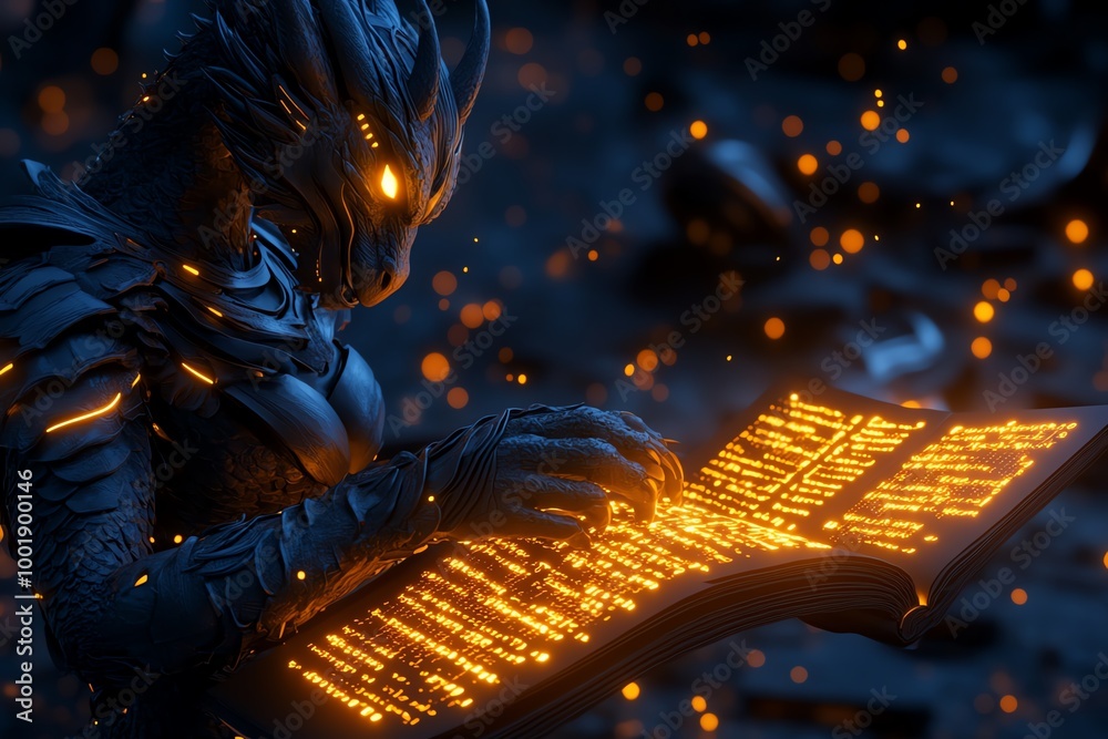 Mythical creatures coding, shown as dragons and griffins typing lines ...