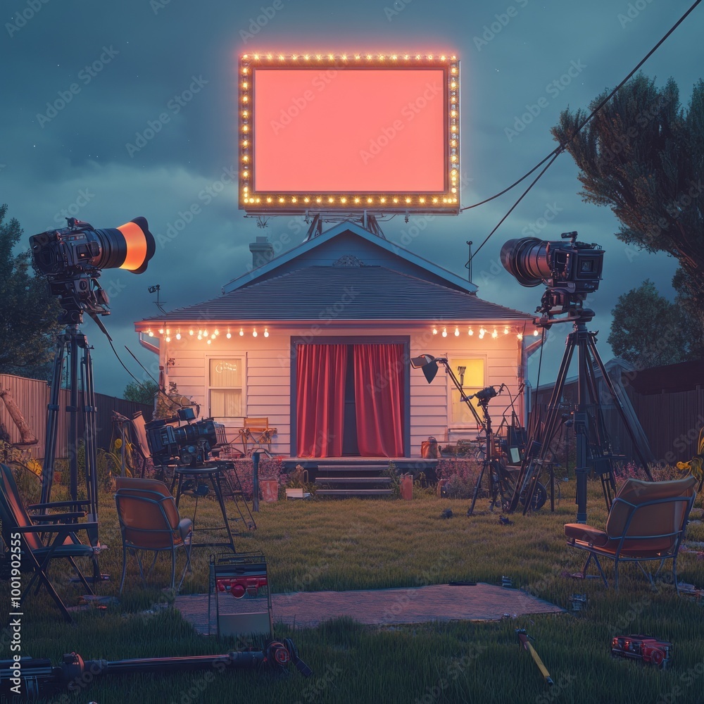 photorealistic image of a pretty new zealand bungalow at night, around ...