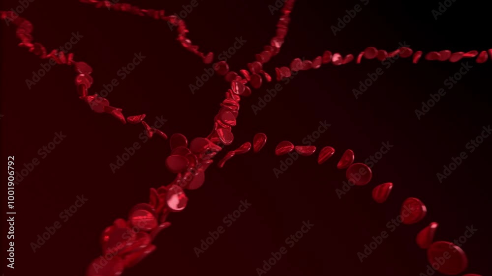 A close-up 3D visualization of red blood cells moving through veins ...