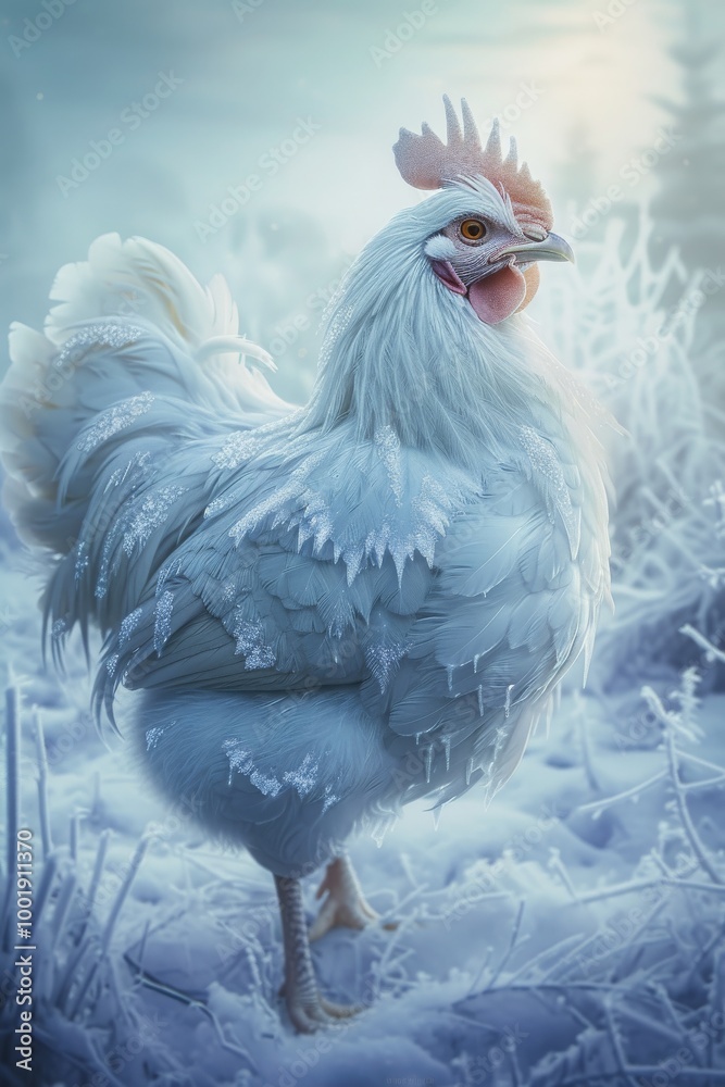 Photograph of a white rooster standing majestically on icy ground, with ...