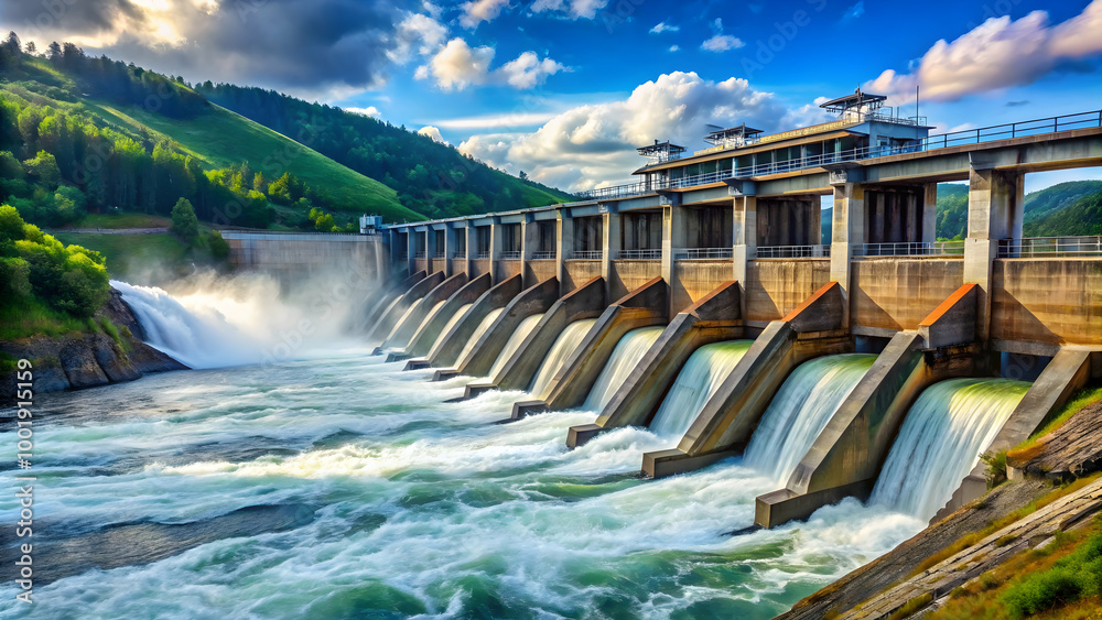 majestic hydroelectric dam stands tall against a backdrop of lush green ...