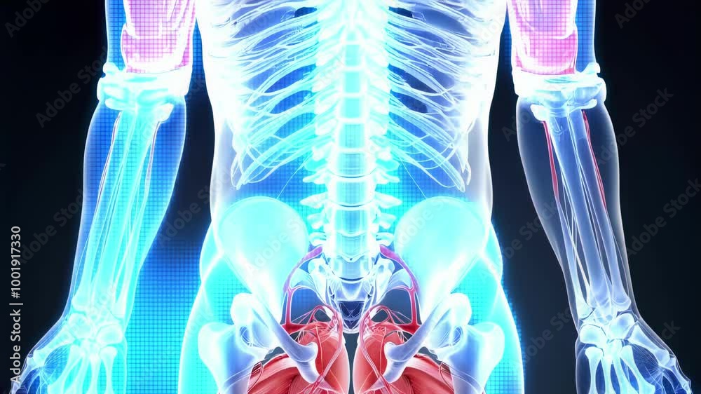Detailed anatomical illustration of the human hip flexor muscles ...