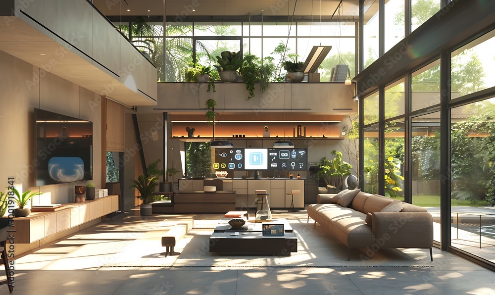 Open-Concept Smart Home with Central Control Panel and Sunlit Modern ...