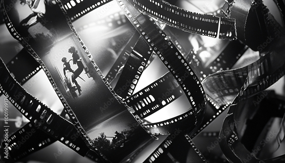 Overlapping frames of black-and-white film strips, showing scenes from ...