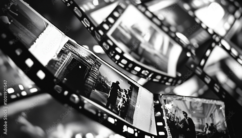 Overlapping frames of black-and-white film strips, showing scenes from ...