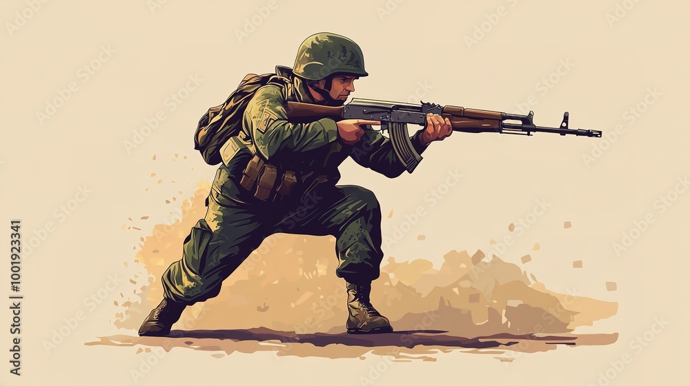A modern Russian soldier depicted in a full-length, flat silhouette ...