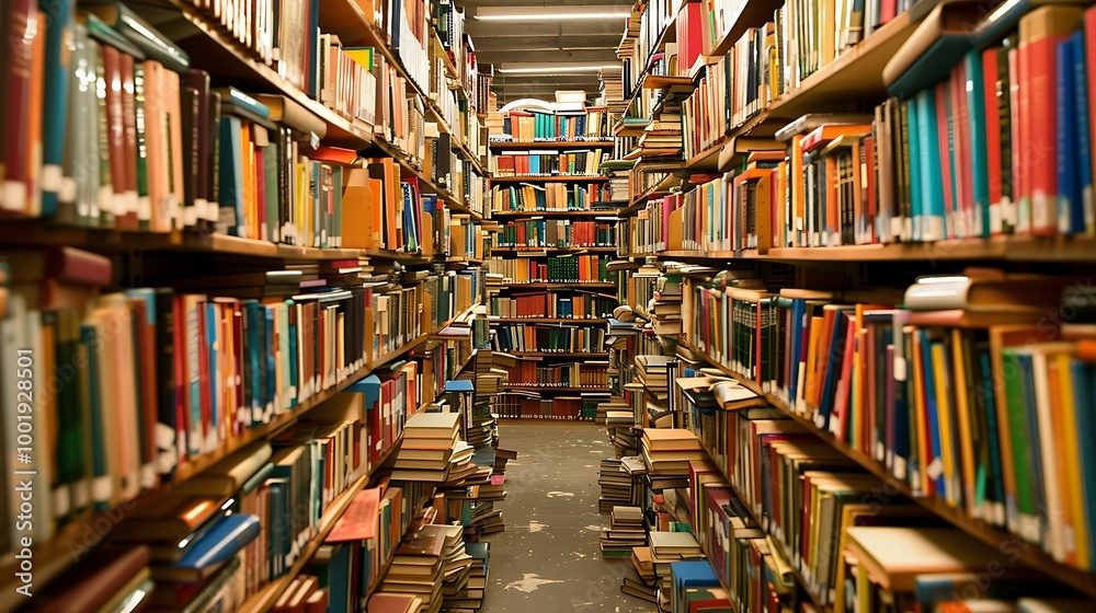 Empty book hall in a library books stacked on bookshelves in ...