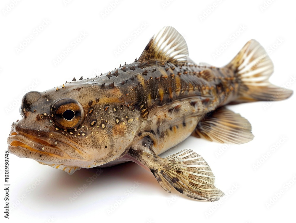 Amphibious mudskipper fish, close-up on white background, displaying ...
