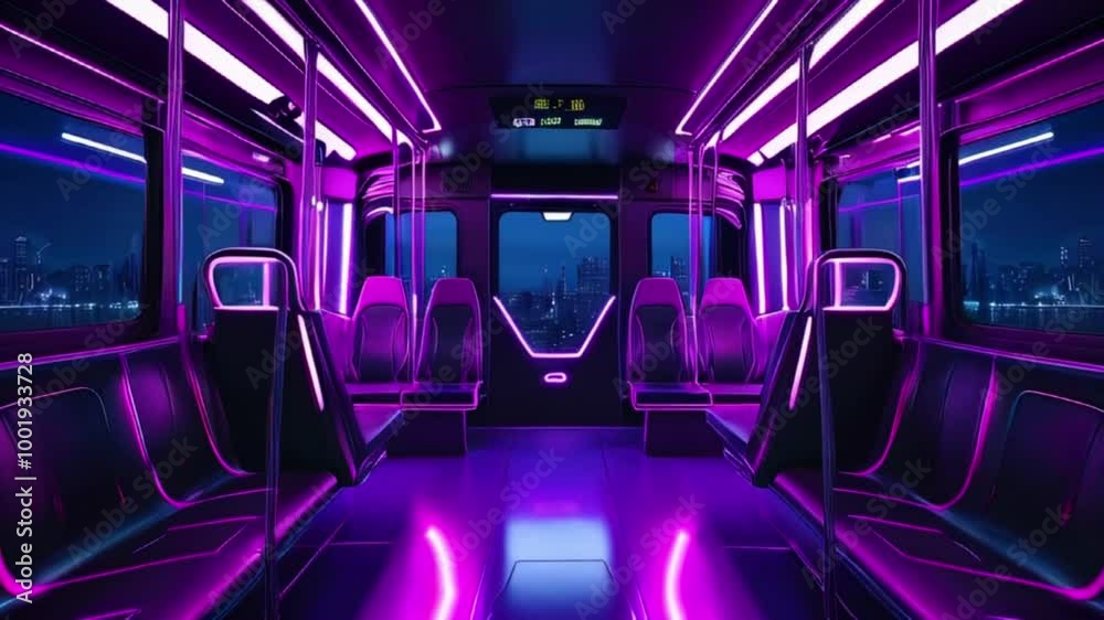 Public transportation city bus interior, in synthwave style with night ...