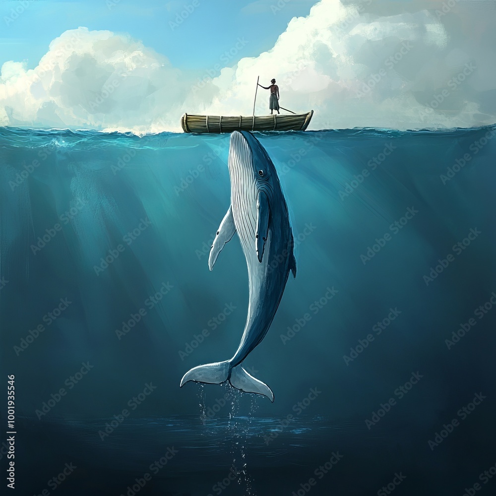 a blue whale hanging vertically in the sea, an old man's raft floating ...