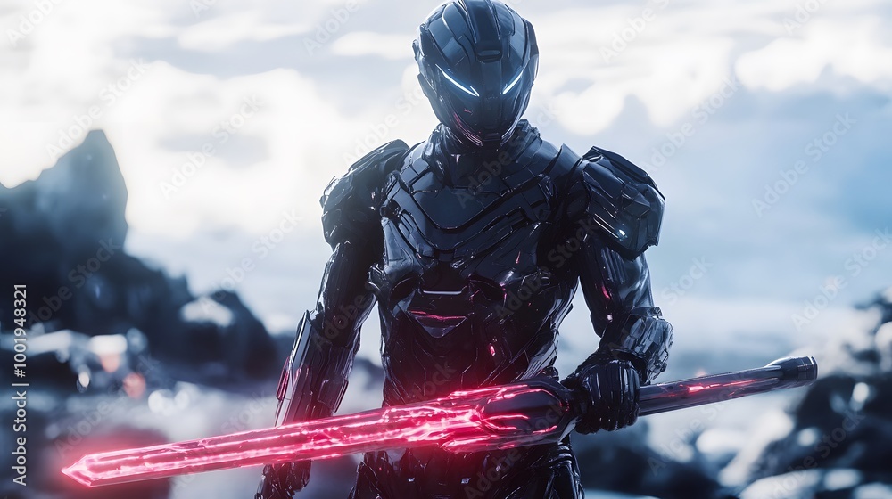 9. Sci-fi warrior figure in a sleek armor suit holding a plasma sword ...