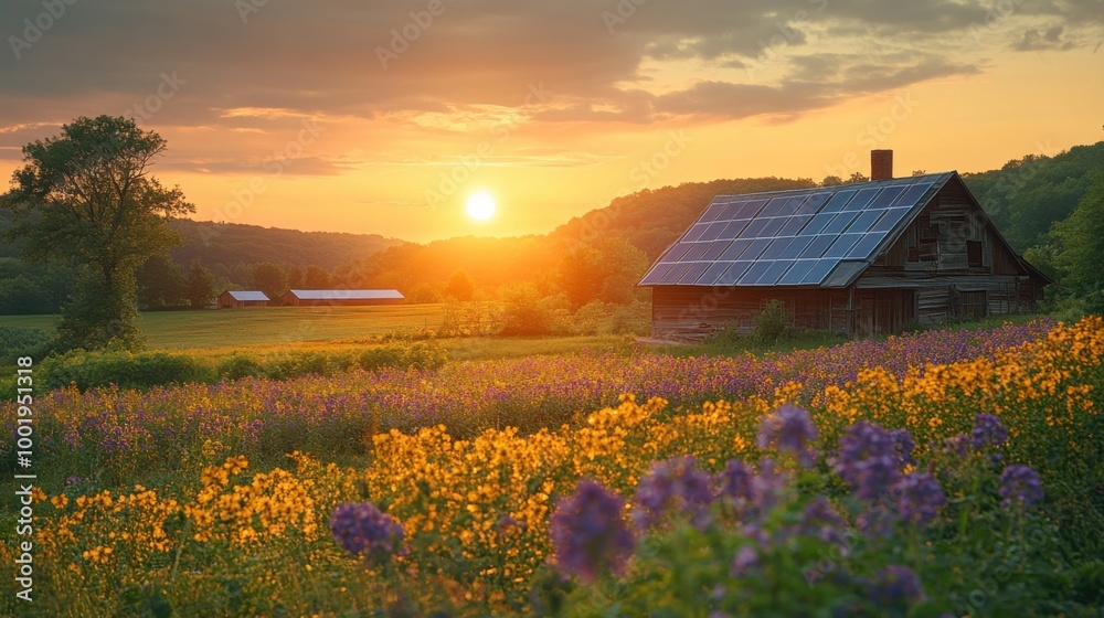 Rustic countryside sunset with solar panel cabin and vibrant flower ...