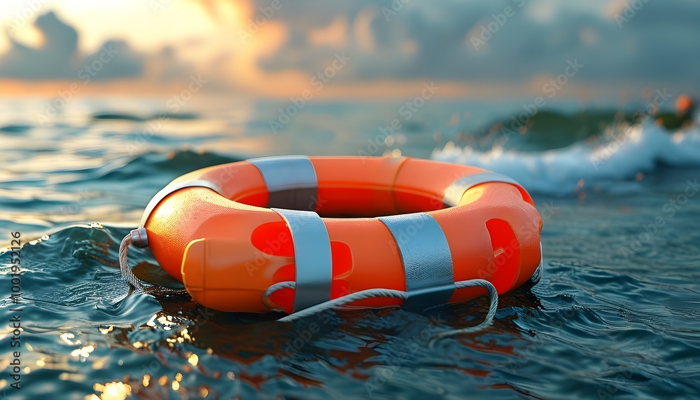 Orange lifebuoy floating in the sea symbolizes safety and rescue, promoting drowning prevention ...