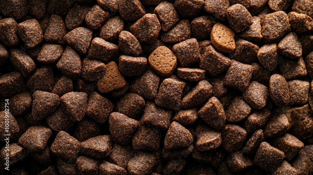A collection of brown kibble pet food pieces, up close, showing texture ...