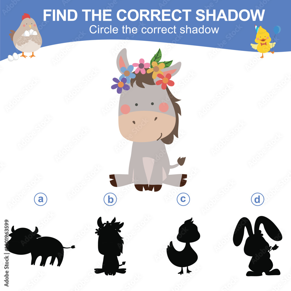 Matching shadow game for children. Find the correct shadow. Circle the ...
