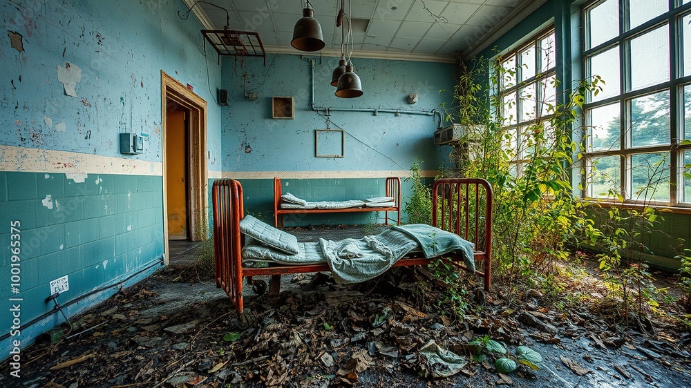 Abandoned and decaying, a rusted hospital bed stands alone amidst ...