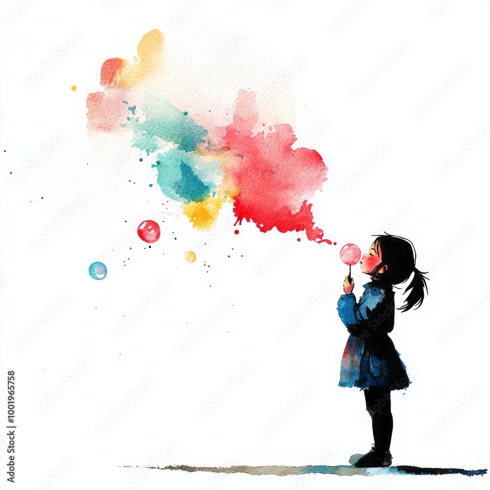 Watercolor painting of a little girl blowing bubbles that float up into ...