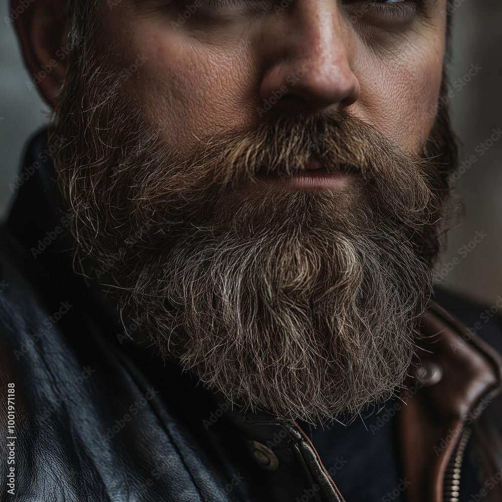 Close-up of a rugged man with a thick, well-groomed beard and weathered ...