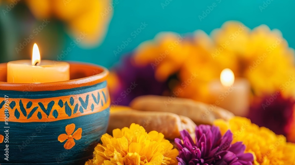 Day of the Dead ofrenda covered with candles, flowers, and an array of ...