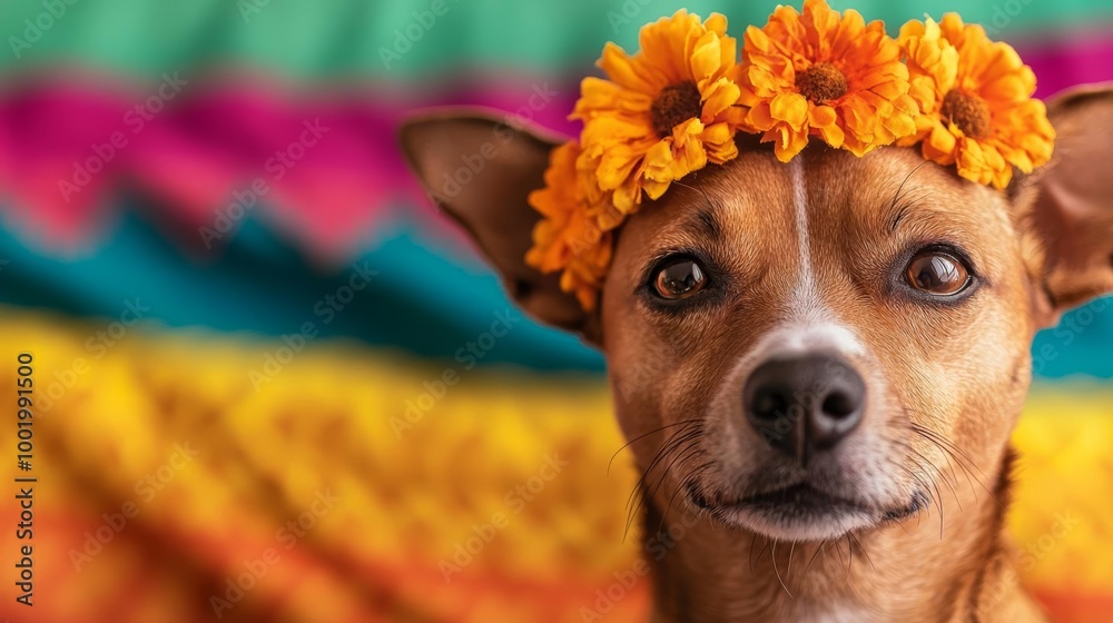 Dog wearing a marigold crown and sugar skull costume, sitting next to a ...