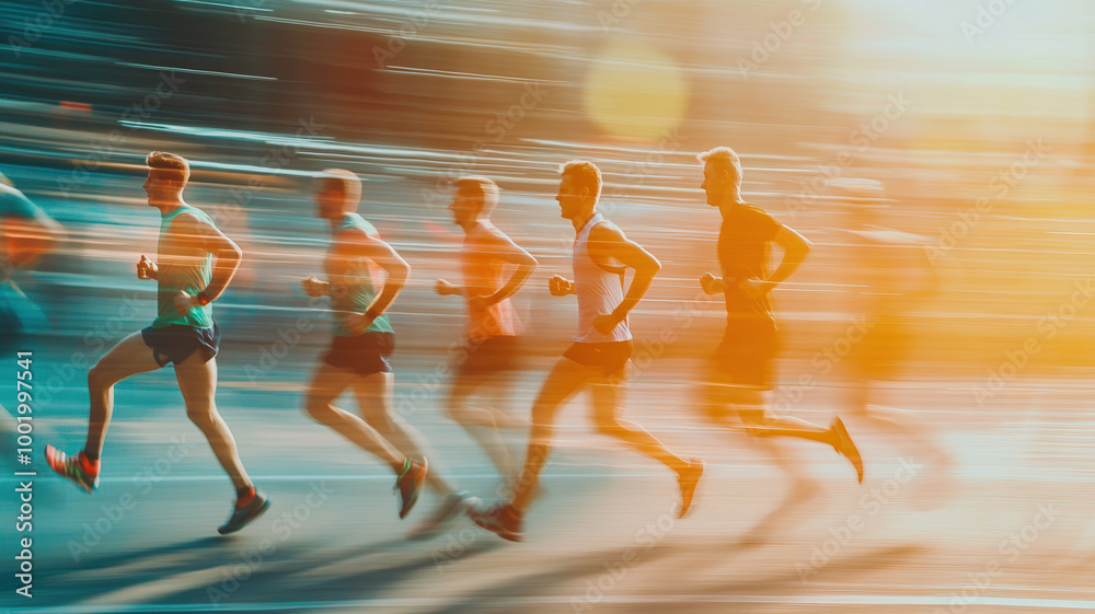 Dynamic group of athletes running in motion blur during a marathon race ...