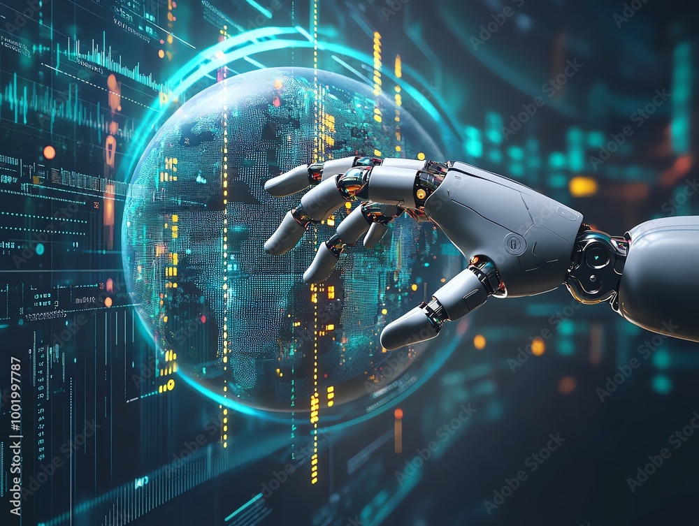 Artificial intelligence and robot hands touching a digital planet with charts Stock Photo ...