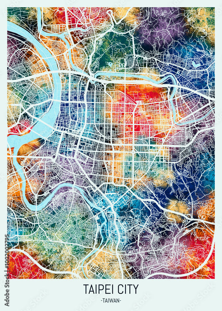 Taipei City Taiwan Map, downtown printable Landmarks landscape print ...