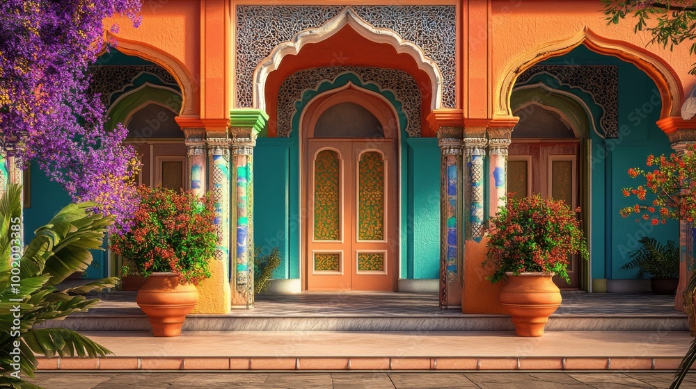 Bright and lively exterior of an Indian Haveli with detailed arches and ...