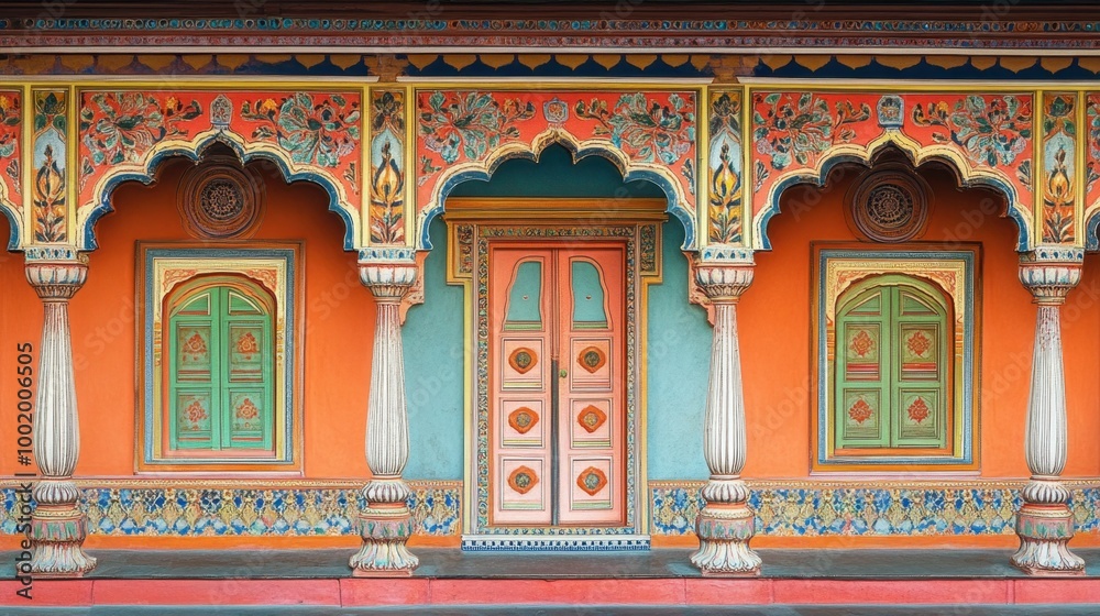 Colorful and lively facade of an Indian Haveli, adorned with intricate ...